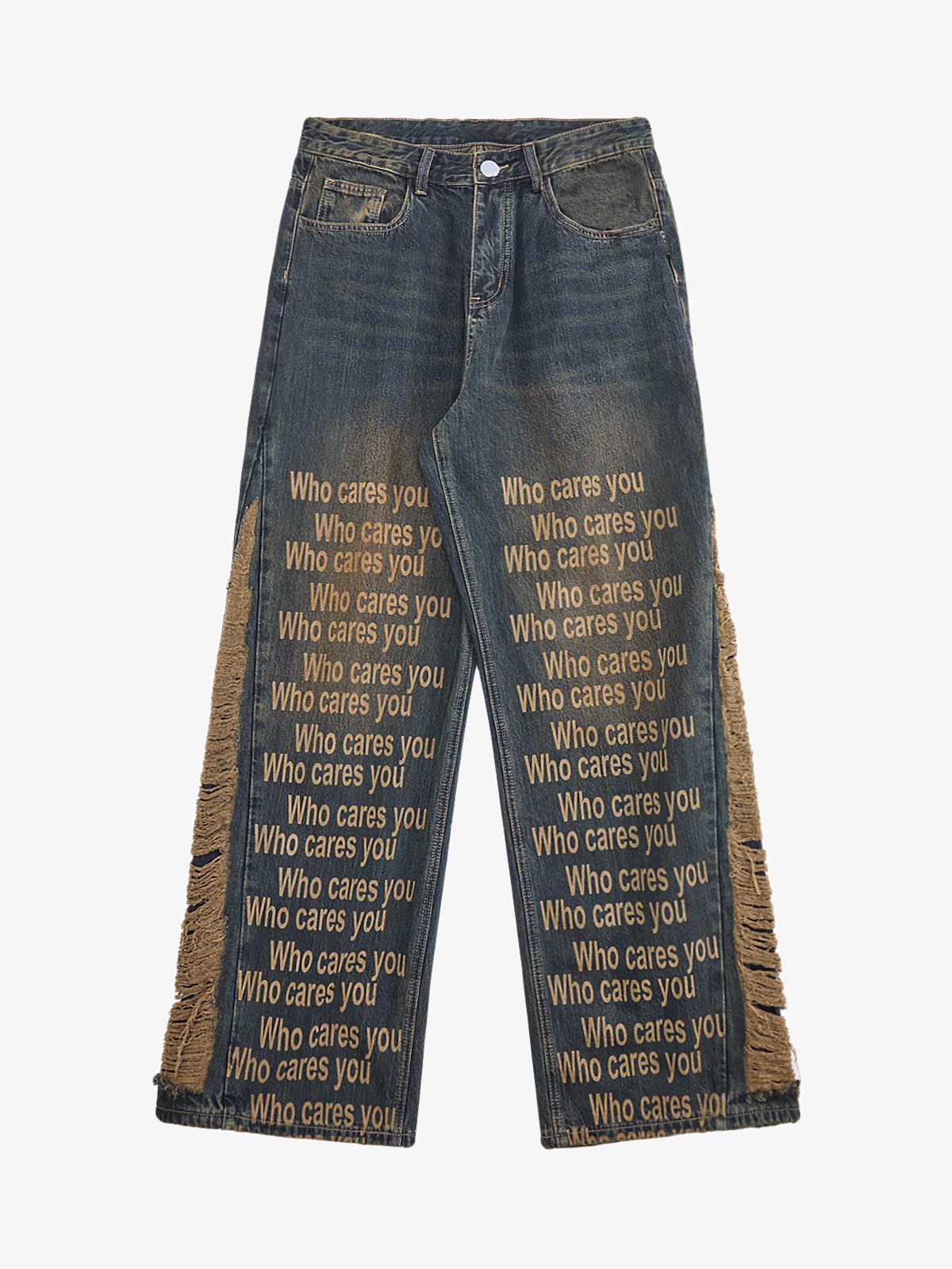 Washed Distressed 'Who Cares You' Print Straight Jeans | Thesupermade®