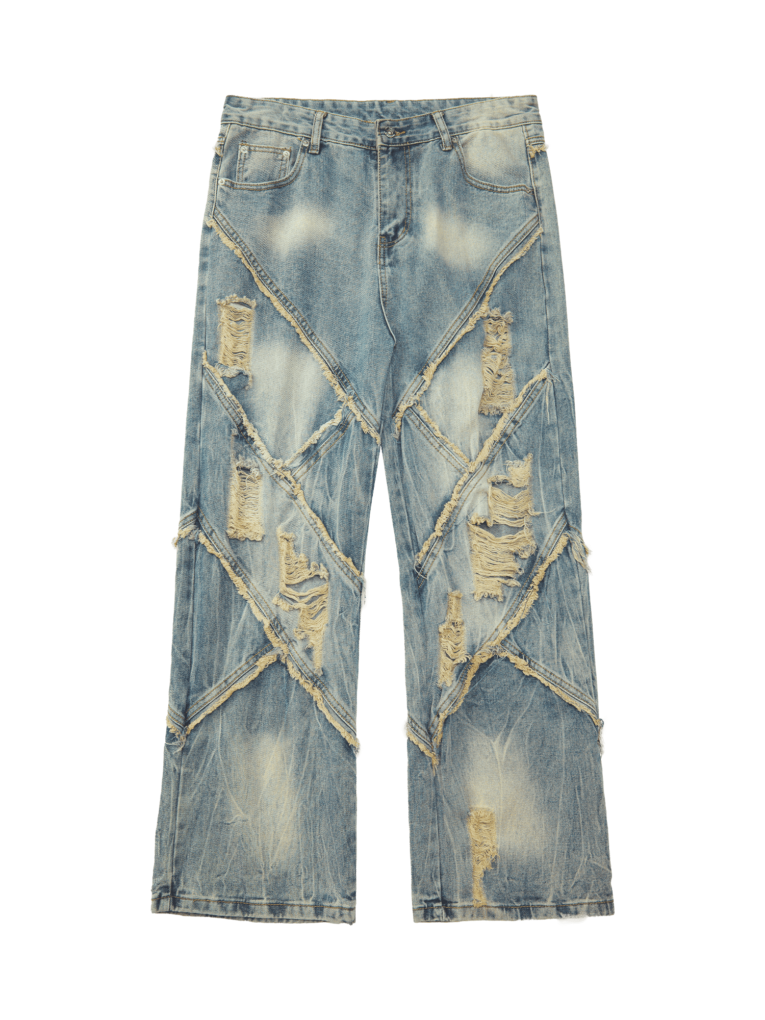 Thesupermade Heavy Washed Ripped Plaid Stitching Hip-Hop Jeans
