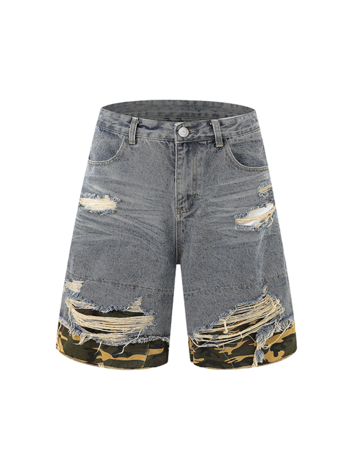 Thesupermade Camouflage Patchwork Ripped Denim Jorts