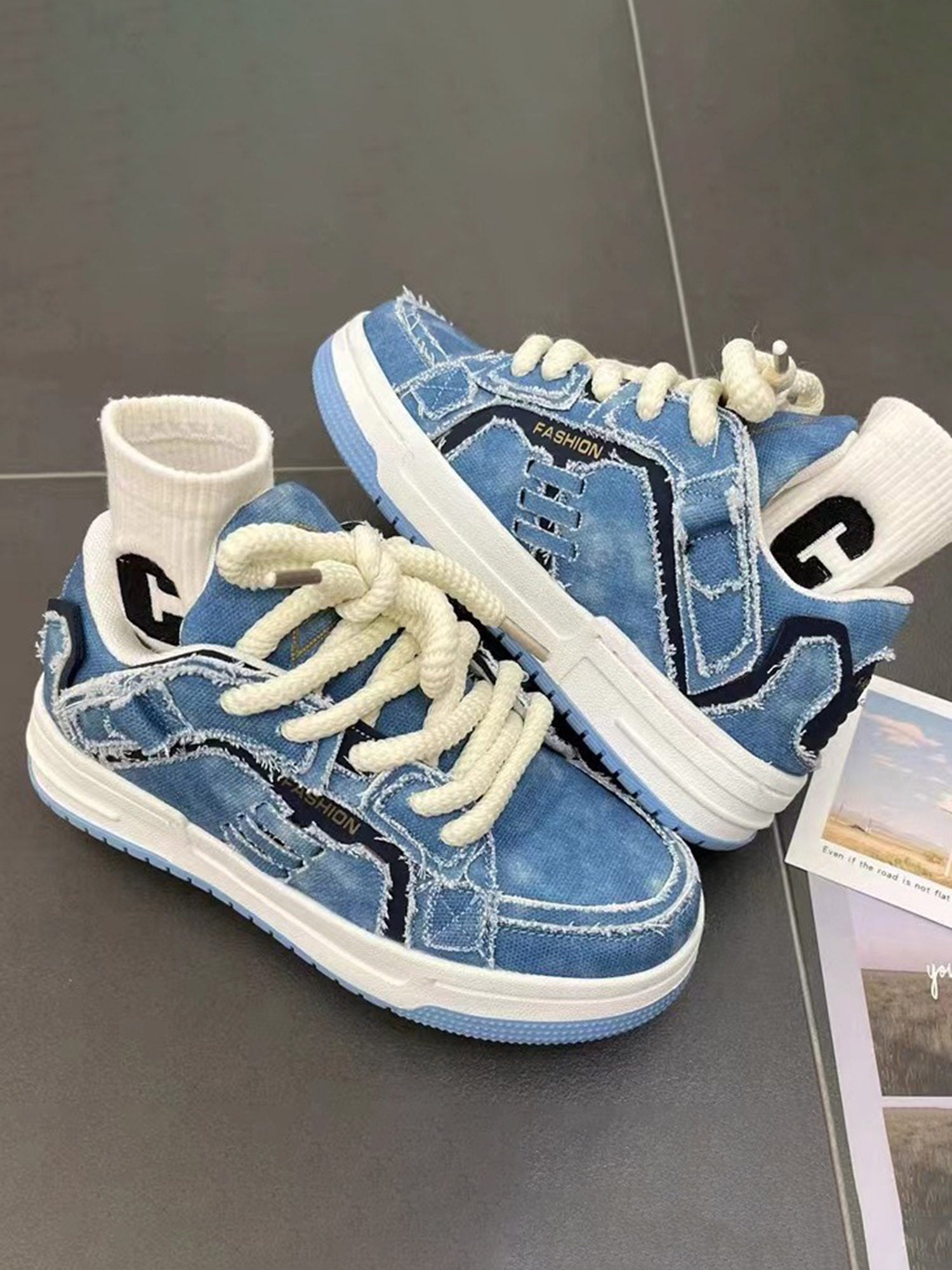 Shredded Denim Patchwork Sneakers